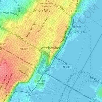 Mapa topográfico Weehawken, altitud, relieve